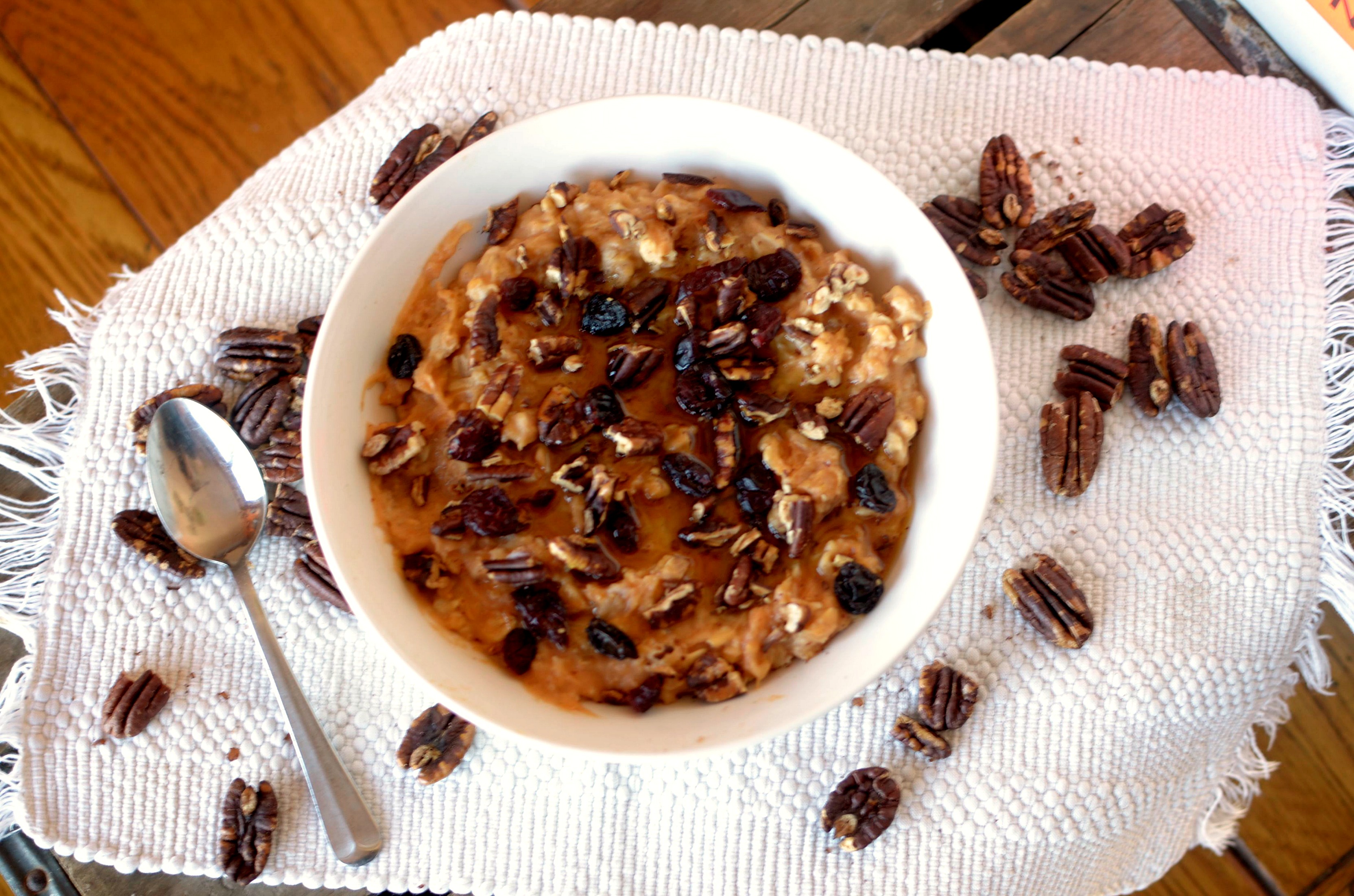 Creamy Sweet Potato Oatmeal with Pecans and Cranberries