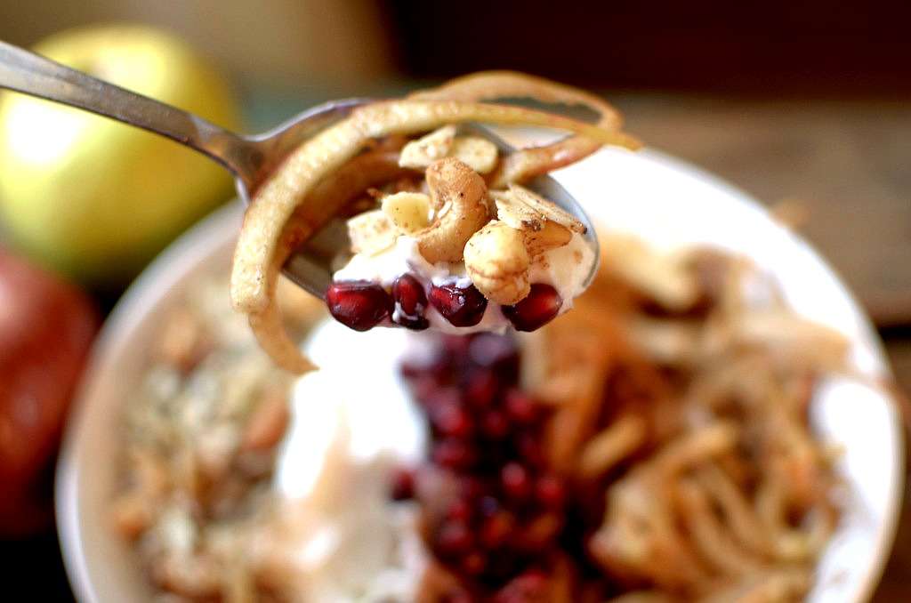 Cinnamon Apple Noodle Breakfast Bowl with Candied Nuts