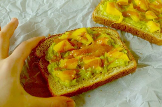 Sriracha Mango Avocado Toast With Almond Butter Drizzle