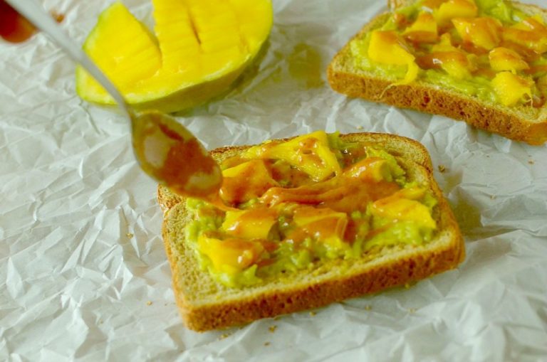 Sriracha Mango Avocado Toast With Almond Butter Drizzle